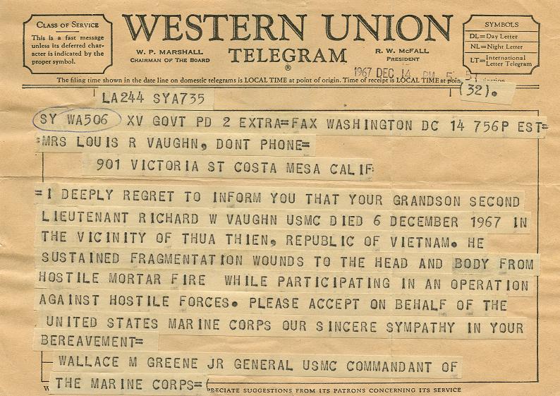 2LT Vaughn Western Union telegram for vvmf - WAR HISTORY ONLINE